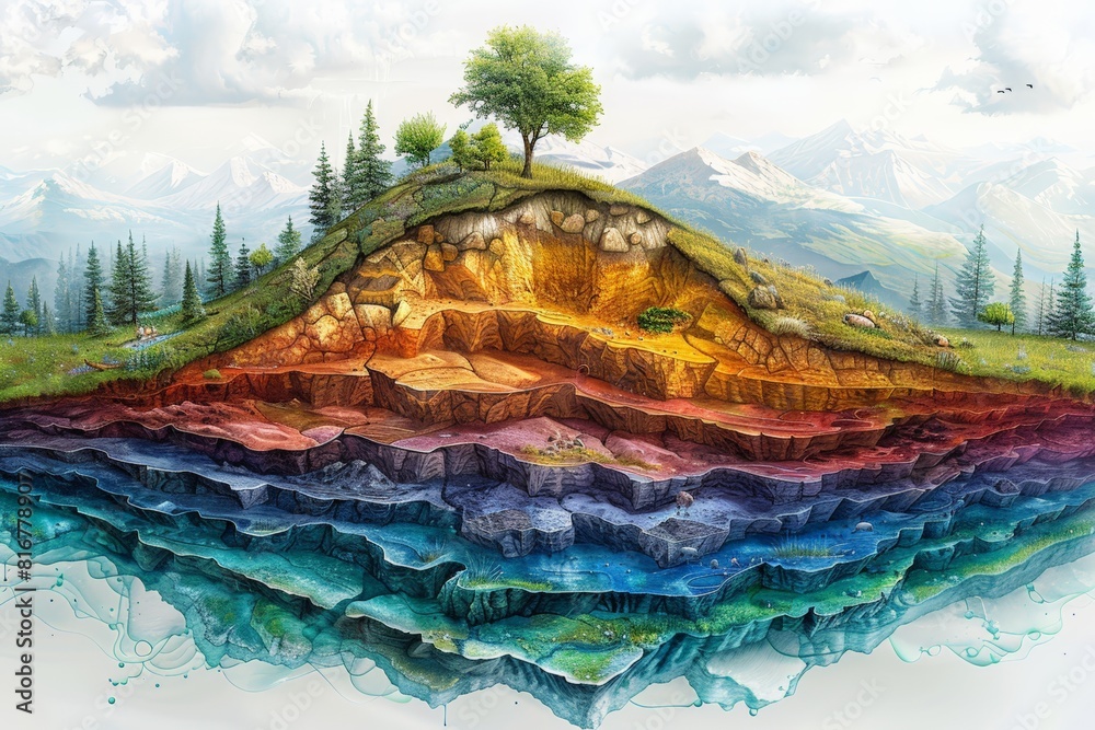 Cross-section of hill with colorful geological layers exposed. Topsoil ...