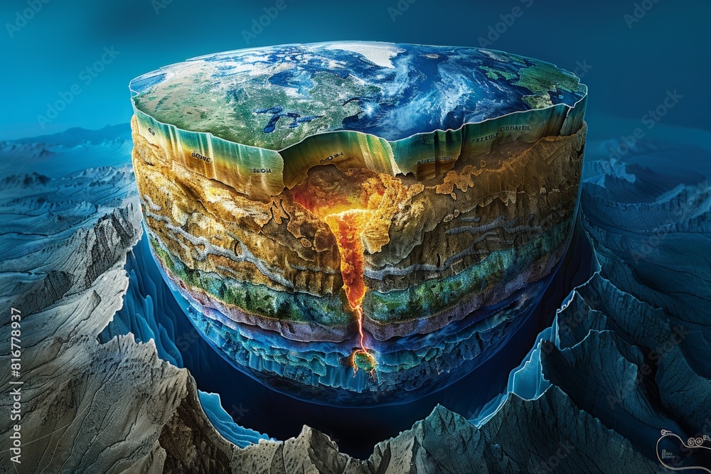 Cross-section of Earth showing detailed geological layers and molten ...
