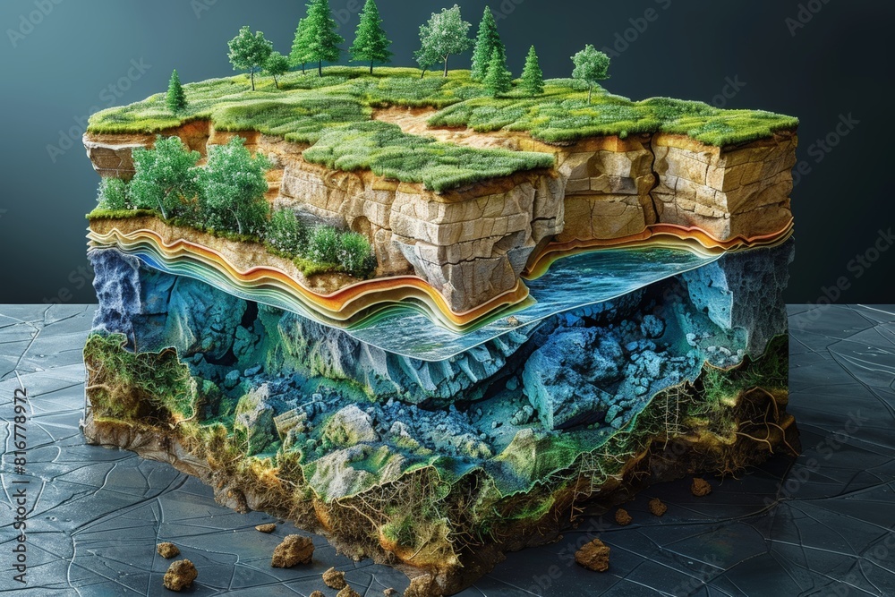 Cube-shaped cross-section of landscape showing detailed geological ...
