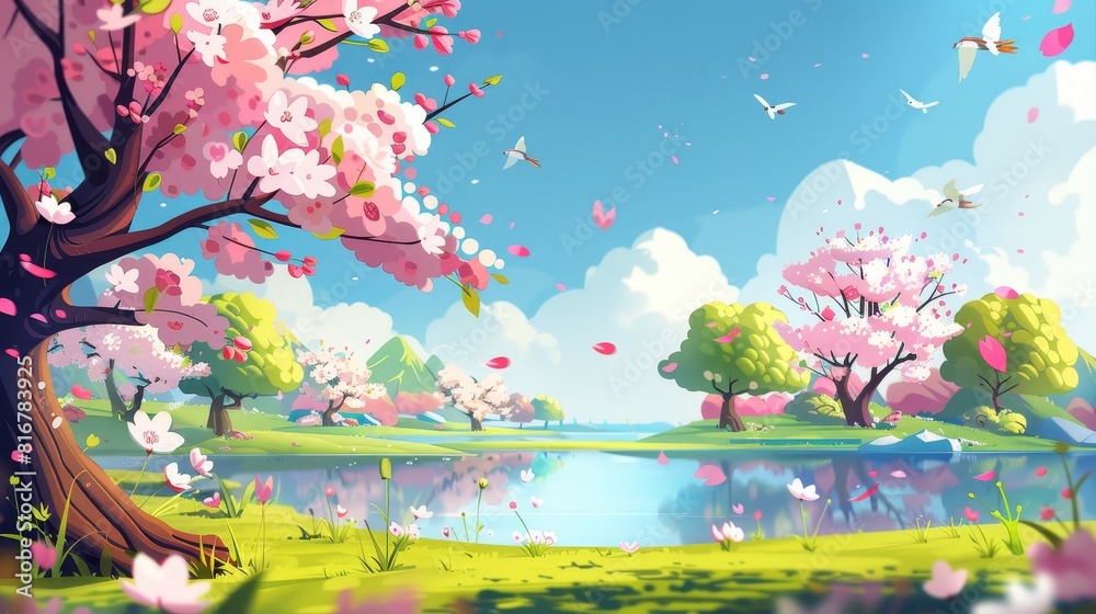 The color of cherry blossoms flying in the air on a sunny day in a ...