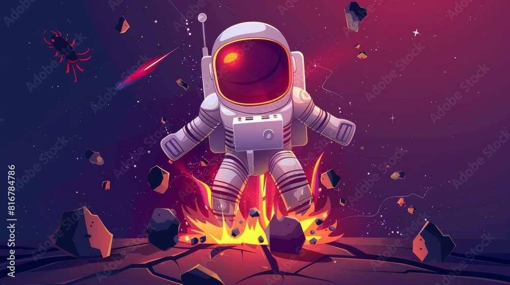 Fire and flame on an evil robot in a spaceship. Modern cartoon ...