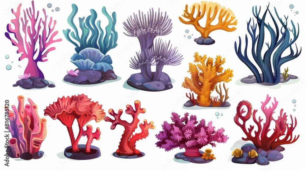 Set of coral reefs isolated on white background. Cartoon illustration ...