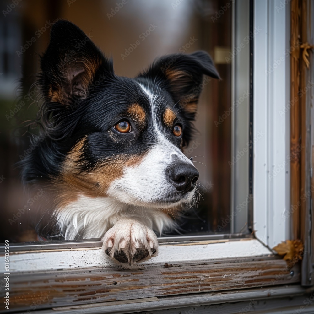 Dog patiently waiting at the door for its owner, showcasing loyalty and ...