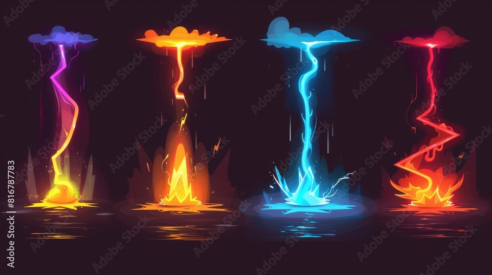 VFX of lightning hitting a ground or floor. Cartoon modern illustration ...