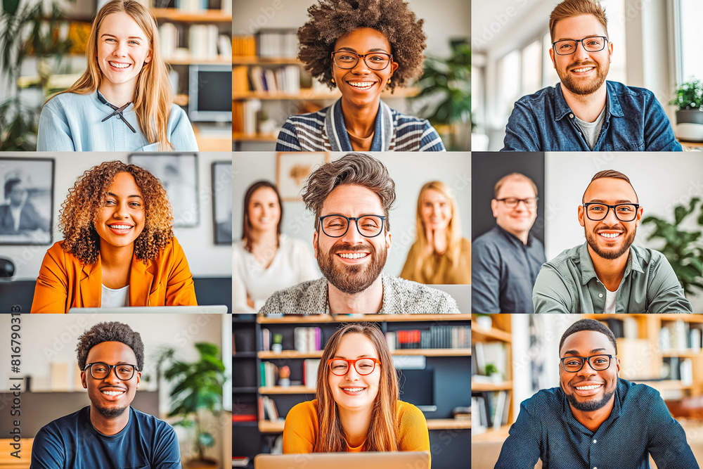 A diverse group of colleagues smile and engage in a video conference ...