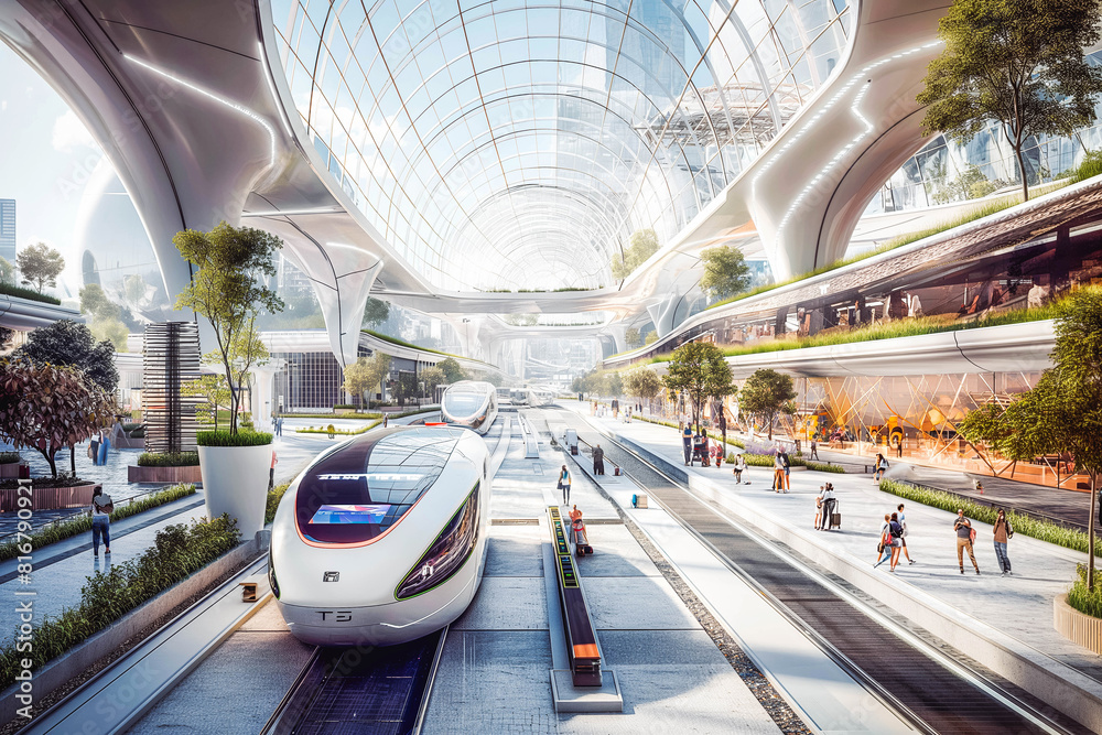 Foto de A high-tech transportation hub with electric vehicles and ...