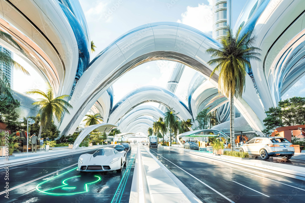 A high-tech transportation hub with electric vehicles and futuristic ...