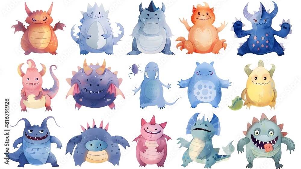 ภาพประกอบสต็อก Charming Colorful Cartoon Creatures Friendly Monsters ...
