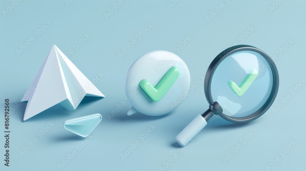 Modern illustration of the paper plane message icon, the green tick ...