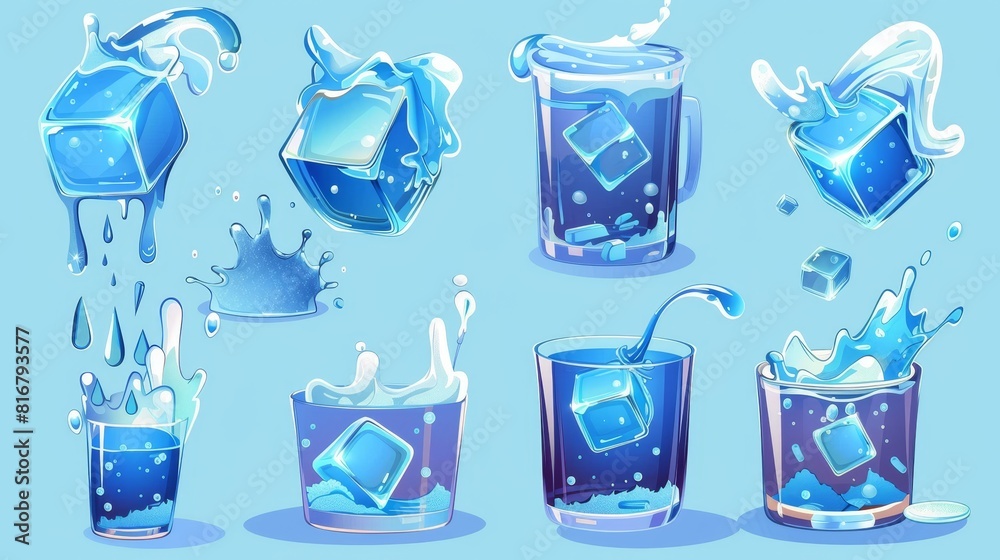 Cartoon illustration of an ice cube melting in water. The glass ...