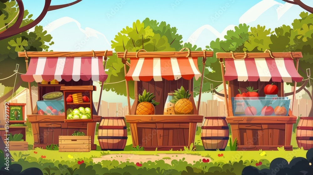 Farm market stalls or booths with striped awnings and farmer's food ...