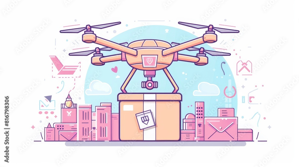 A spaceship drone carries a parcel in an express delivery web banner ...