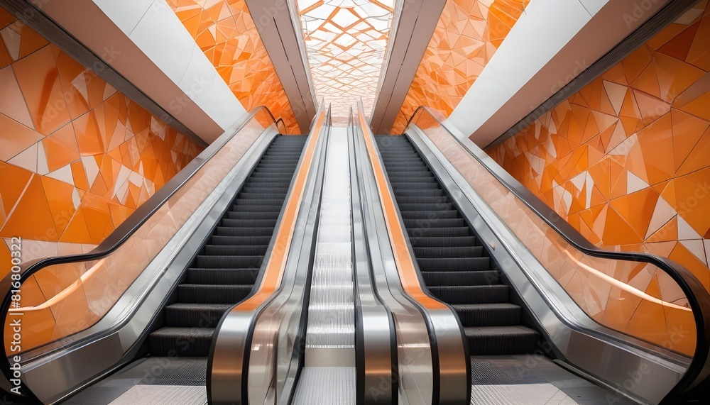 A modern escalator with a geometric, angular design surrounded by ...