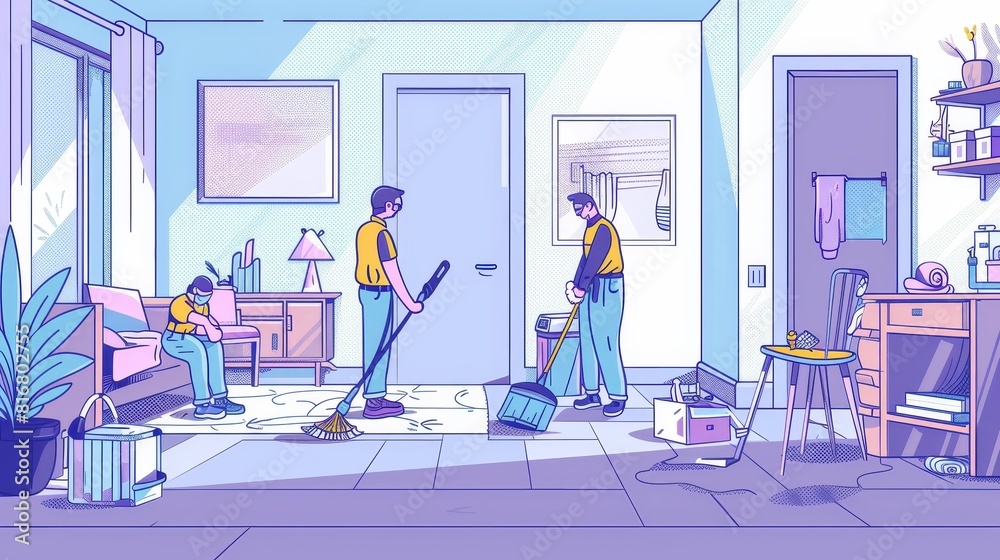 In this line art modern illustration, janitors are in uniform working ...