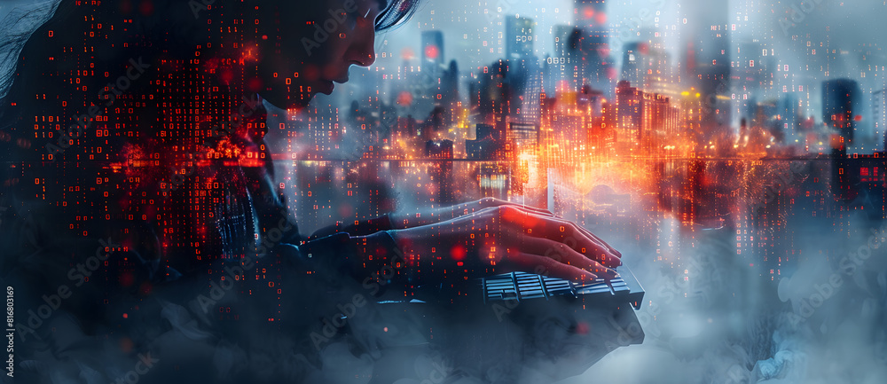 Digital double exposure of a woman's hands typing on a keyboard and a ...