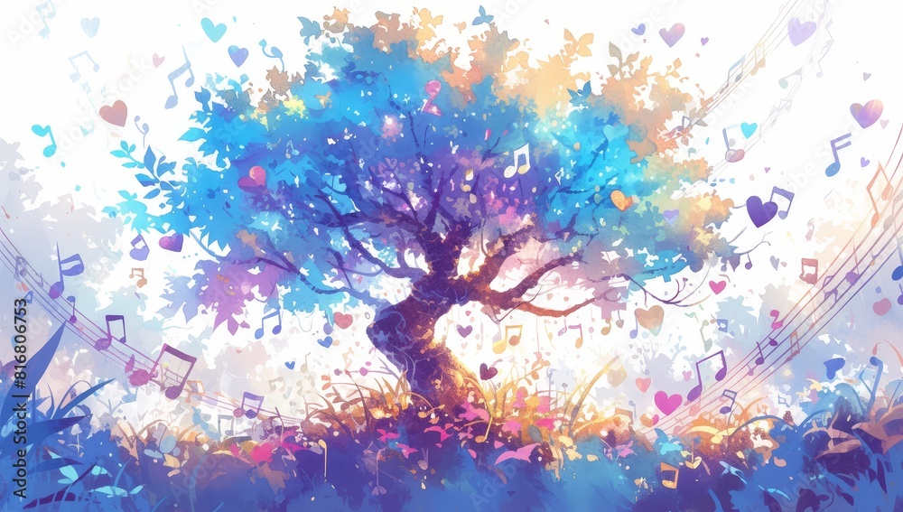 A tree with musical notes and hearts in the style of watercolor, white ...