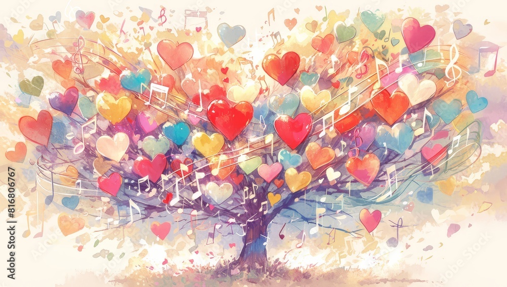 A tree with musical notes and hearts in the style of watercolor, white ...