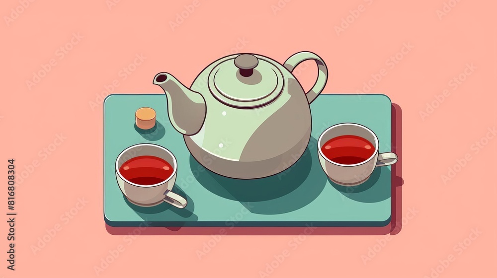 Compact teapot and cups flat design top view tiny tea time theme ...