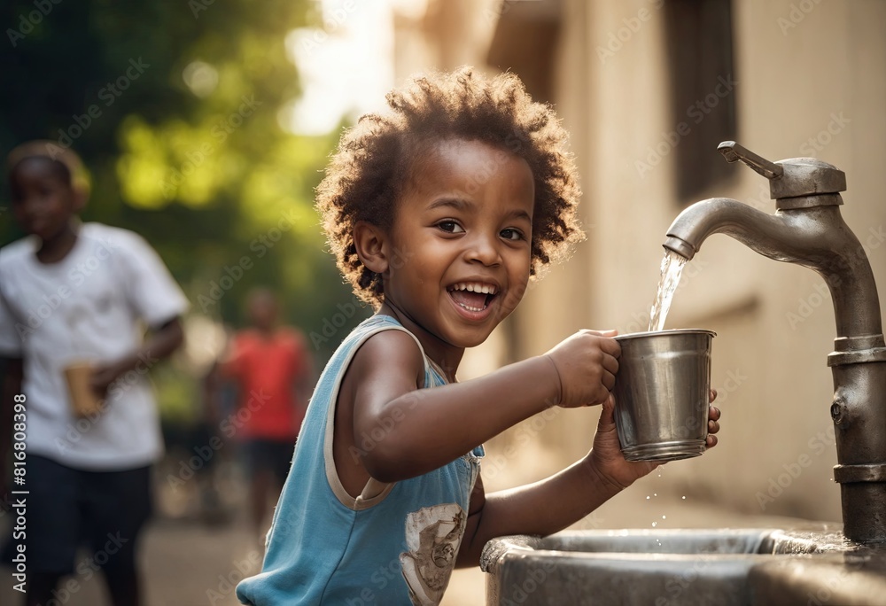 Portrait of happy African child pouring water into small bucket from ...