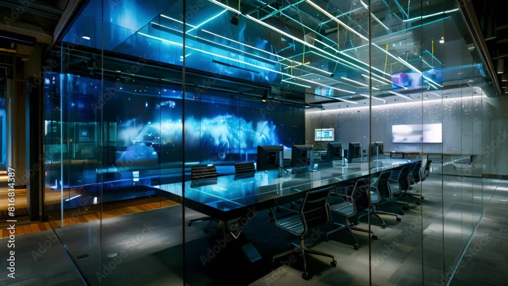 A conference room with transparent glass walls illuminated by blue ...