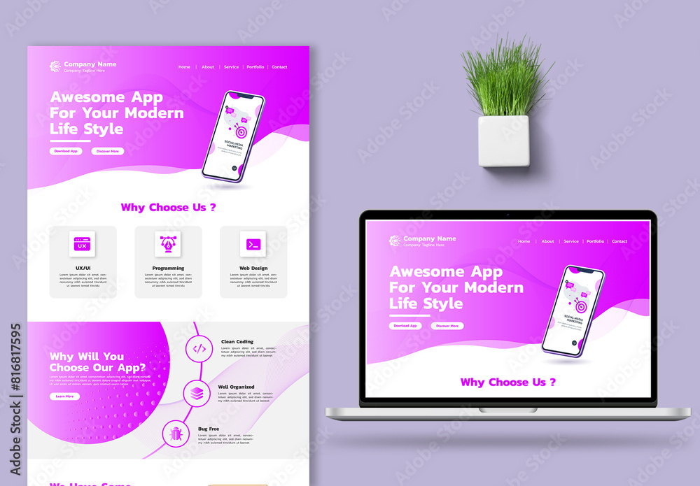 Mobile App Landing Page UX UI Layout Stock Template | Adobe Stock