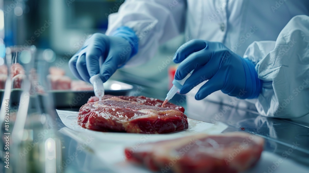 Close-up of lab-grown meat being examined by a scientist in a sterile ...