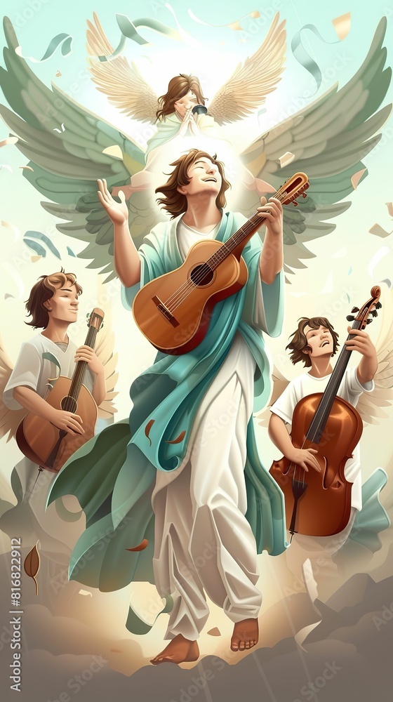 Angelic host praising, with musical instruments, capturing the joy of ...