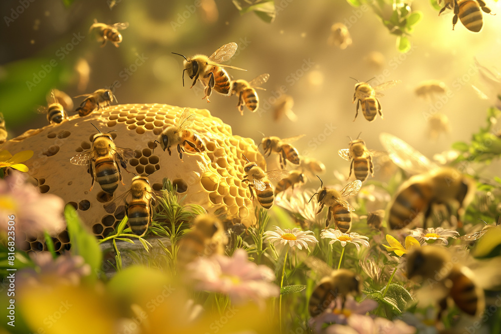 bee in the garden, Witness the enchanting beauty of nature as honey bees swarm and gracefully ...