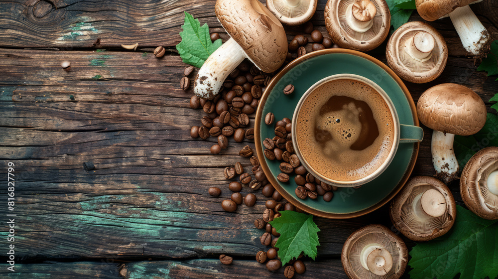 A cup of mushroom coffee on the table, surrounded by mushrooms and ...