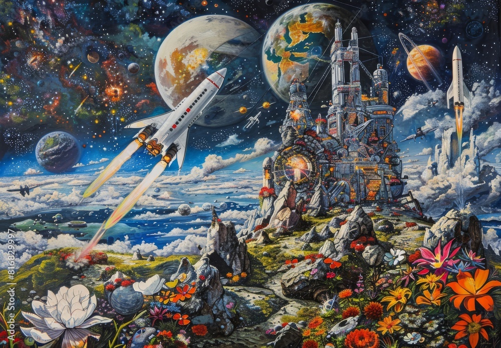 An imaginative painting depicting humans exploring outer space ...