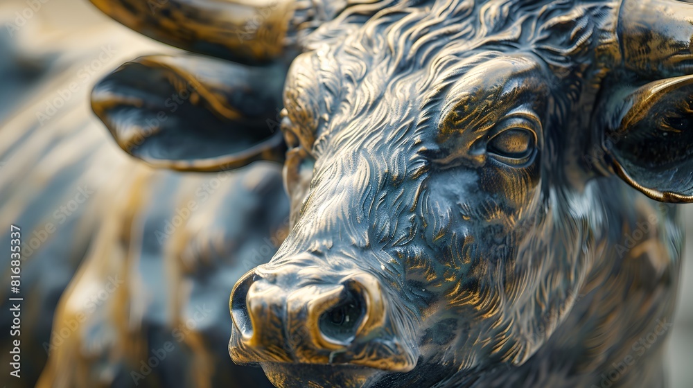 A close up of a bronze statue of a bull with its head lowered and ...