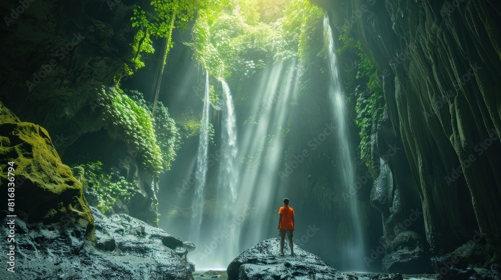 Famous Bali waterfall in the cave Tukad Cepung. Young man tourist ...