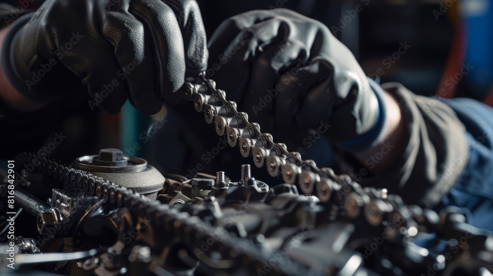 Closeup view of a mechanic s hands setting up a timing chain on a car ...