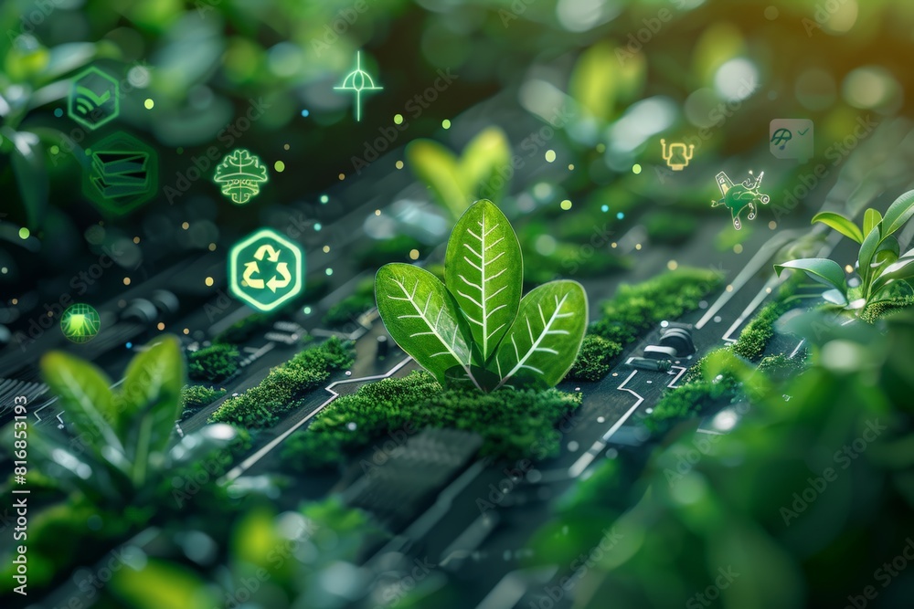 Green plant growing on digital circuit board with eco-friendly symbols ...