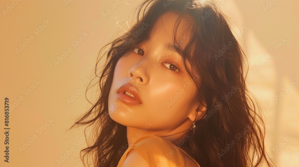 Radiant Woman in Soft Light with Flowing Hair. A radiant woman with ...