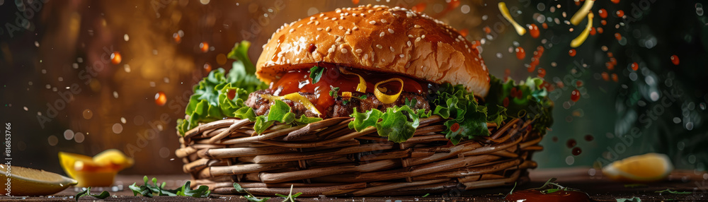 An explosion of flavor is captured as a juicy burger with vibrant ...