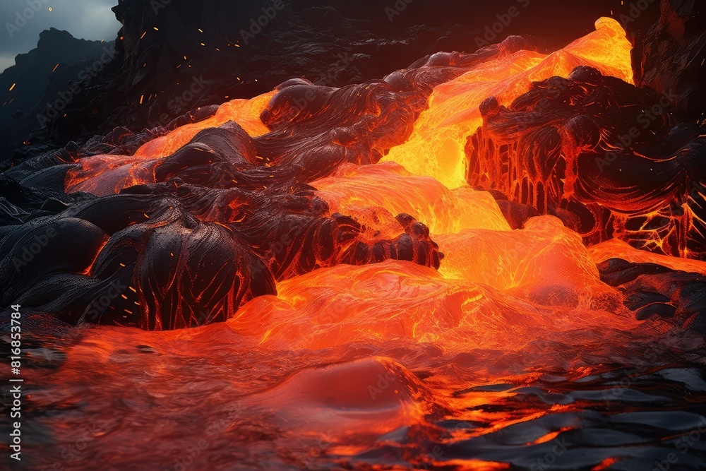 A lava flow from a volcano entering a body of water, creating steam and ...