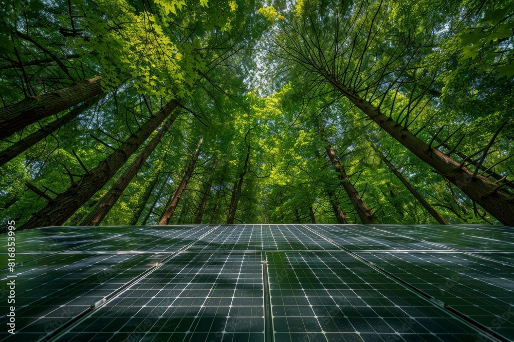Solar panels placed on the forest floor among tall, lush trees ...