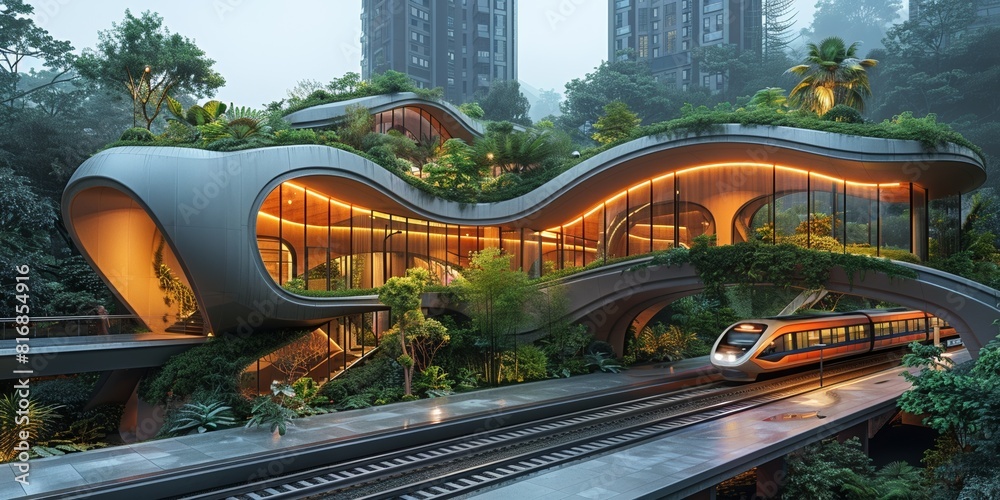 A modern urban transportation system, including trains and railways ...