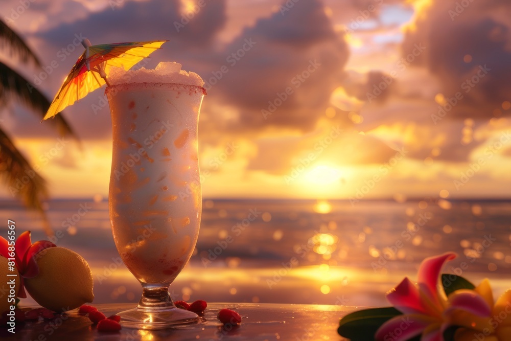 Refreshing tropical drink in tall glass, adorned with colorful umbrella, rests on beach table ...
