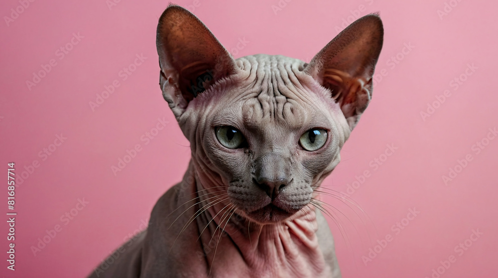 Portrait of cute Sphynx Hairless cat on pink background looking up ...