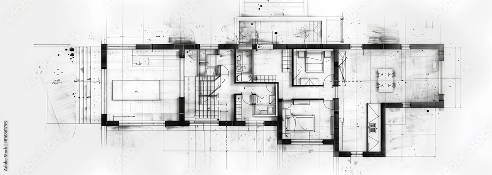 Floor plan, construction planning, blueprint or floor drawing in black ...
