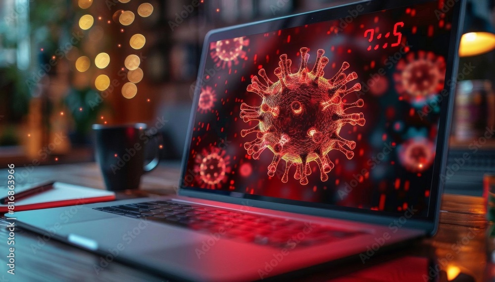 Office worker's laptop screen showing a virus alert, detailed with ...