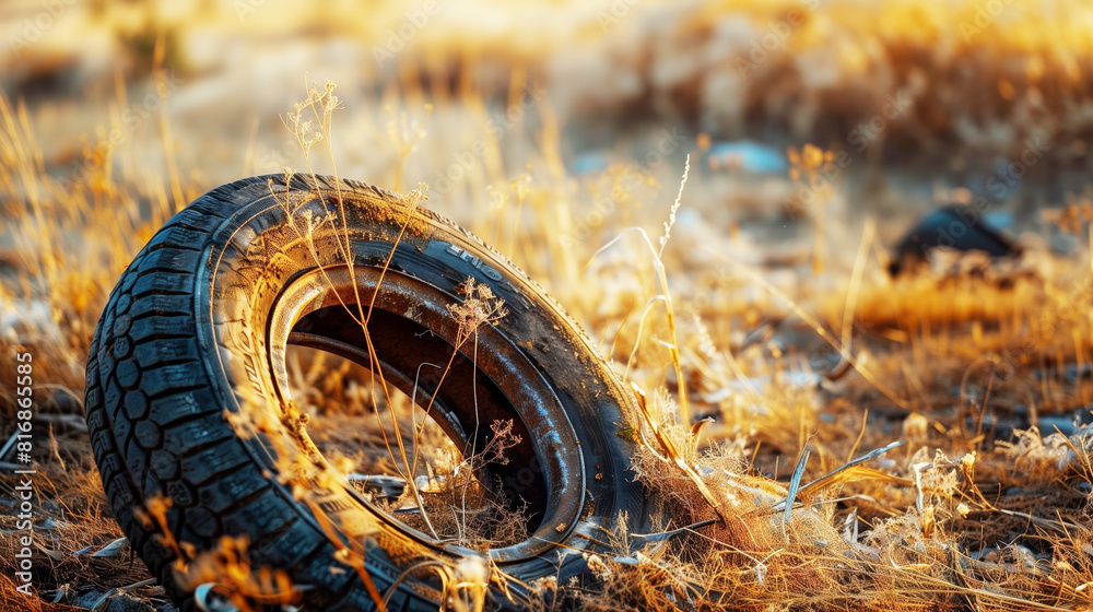 Abandoned old tire lying among dry grass in a desolate field, capturing ...
