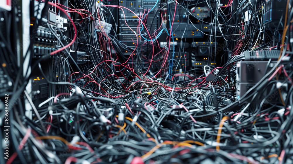 Tangled colorful cables and wires in a server room, highlighting the ...