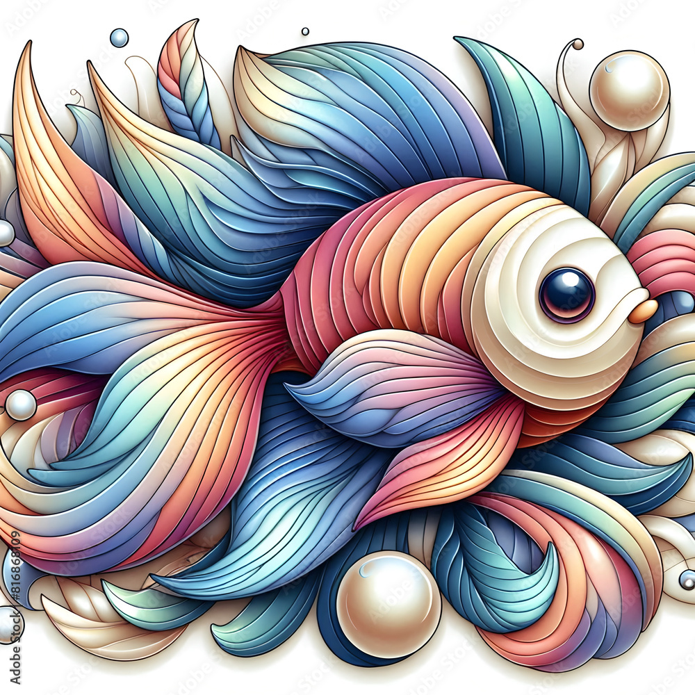 3D Fish from Lines with Clear Contours, Centered on White Background ...