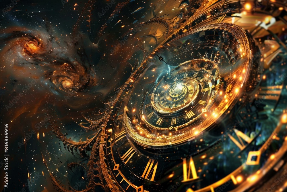 Golden and bronze cosmic clockwork vortex in surreal and imaginative ...