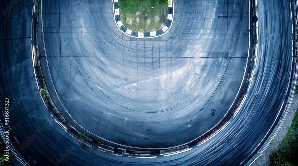 Aerial view of an empty, dark asphalt racetrack with visible skid marks ...