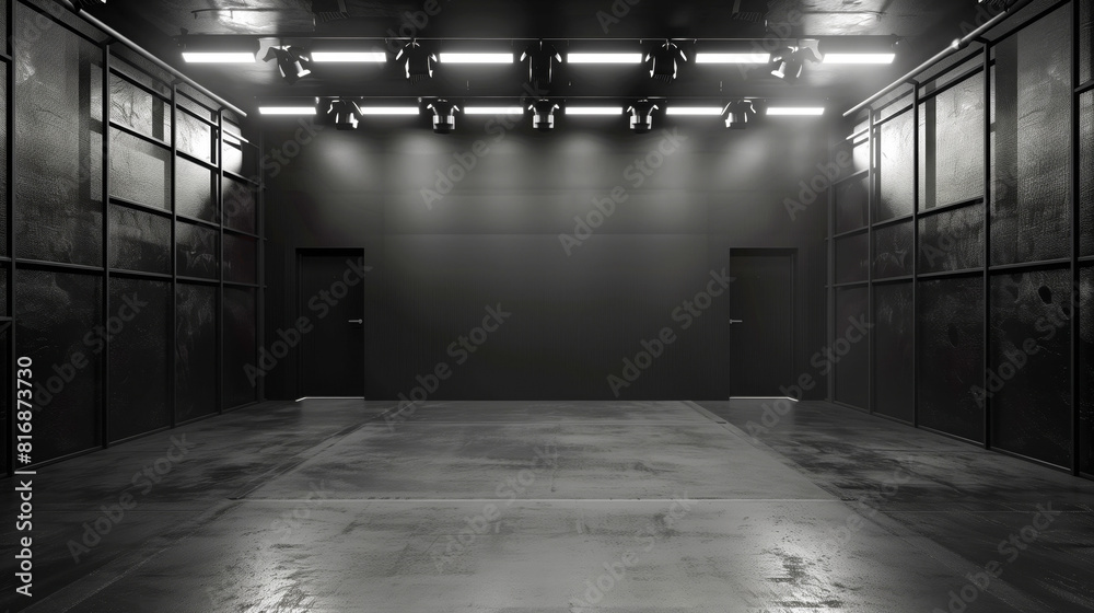 A dark, empty room with high ceilings, industrial lighting fixtures ...
