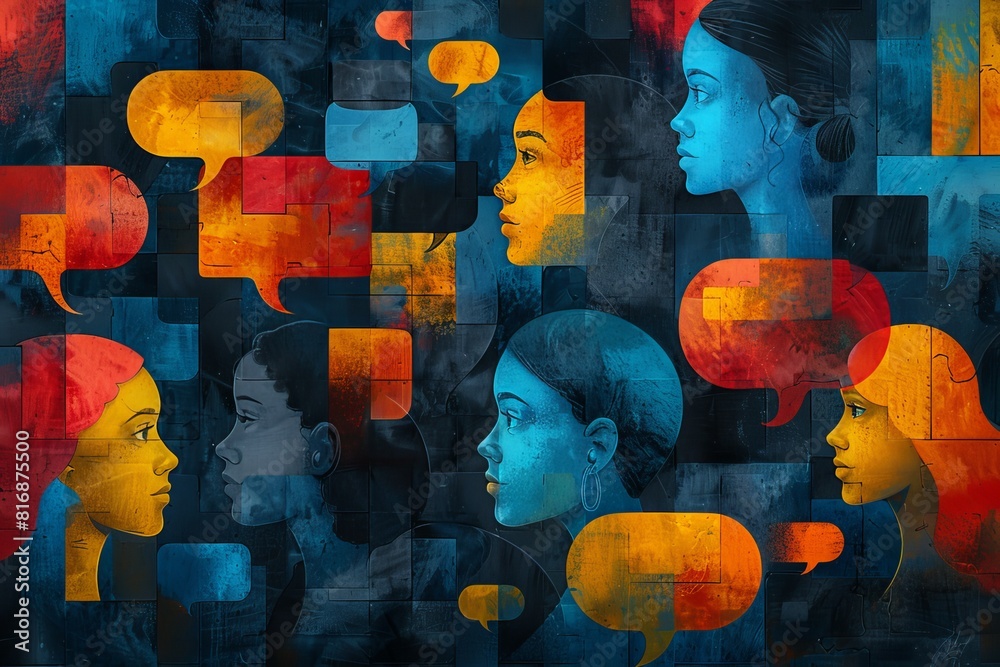 An illustration of speech bubbles in various colors and shapes, with ...